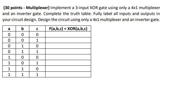 Solved (30 points - Multiplexer) Implement a 3-input XOR | Chegg.com