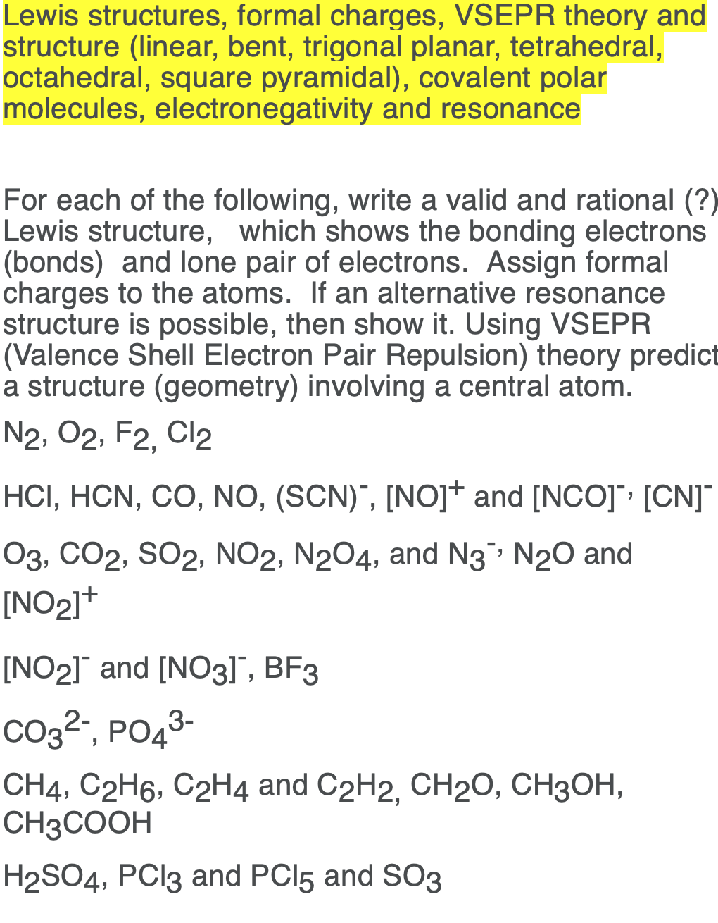 Solved Lewis structures, formal charges, VSEPR theory and | Chegg.com