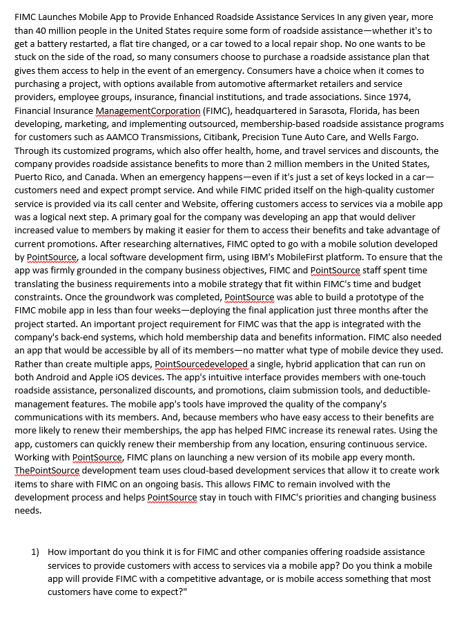 Solved FIMC Launches Mobile App to Provide Enhanced Roadside | Chegg.com