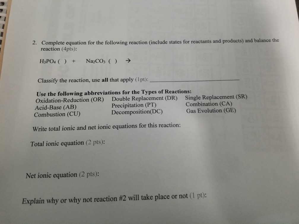 Solved 2. Complete equation for the following reaction | Chegg.com