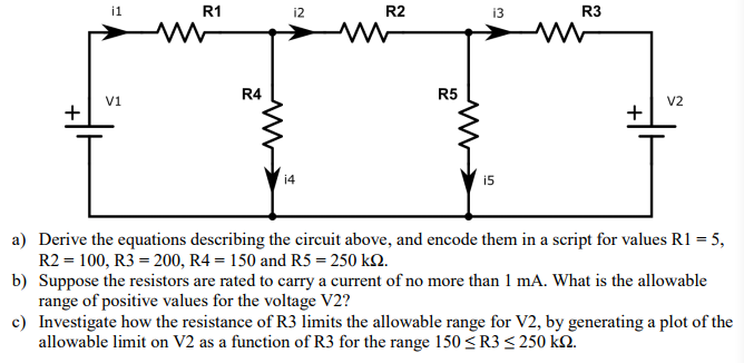 Solved i1 R1 i2 R2 i3 R3 R4 R5 V1 V2 i4 i5 a) Derive the | Chegg.com