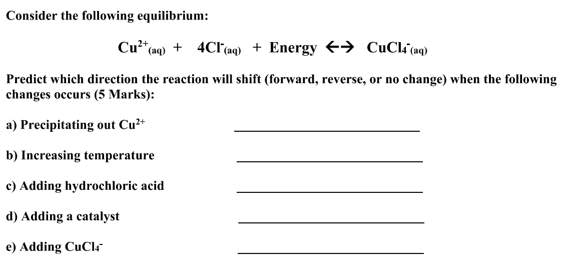 Solved Consider the following equilibrium: Cu2+ (aq) | Chegg.com