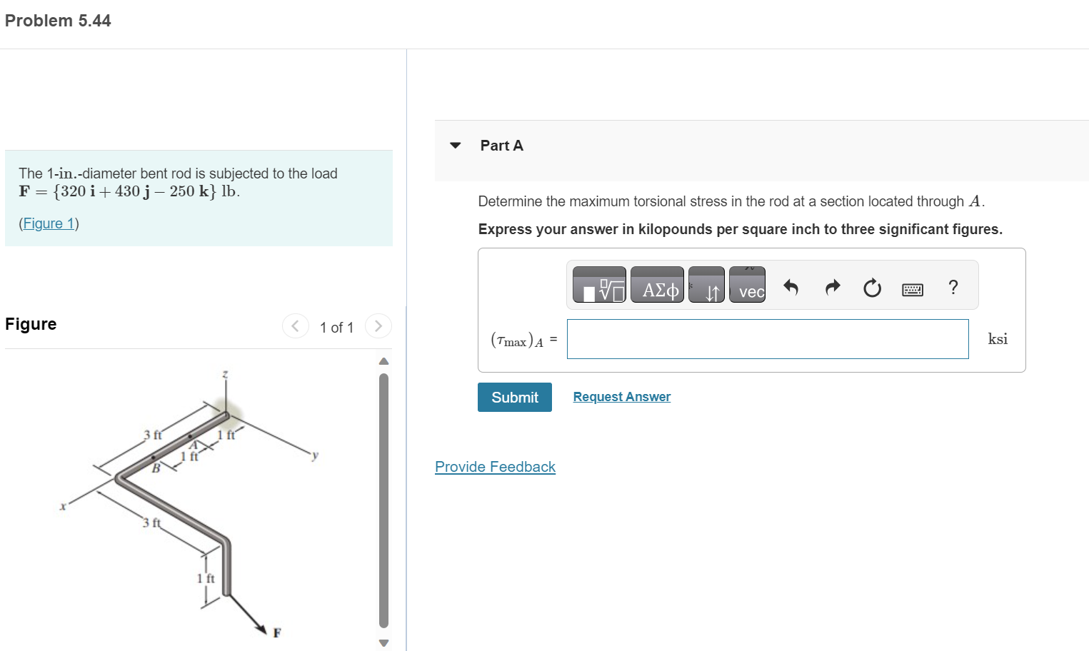 Solved The 1-in.-diameter bent rod is subjected to the load | Chegg.com
