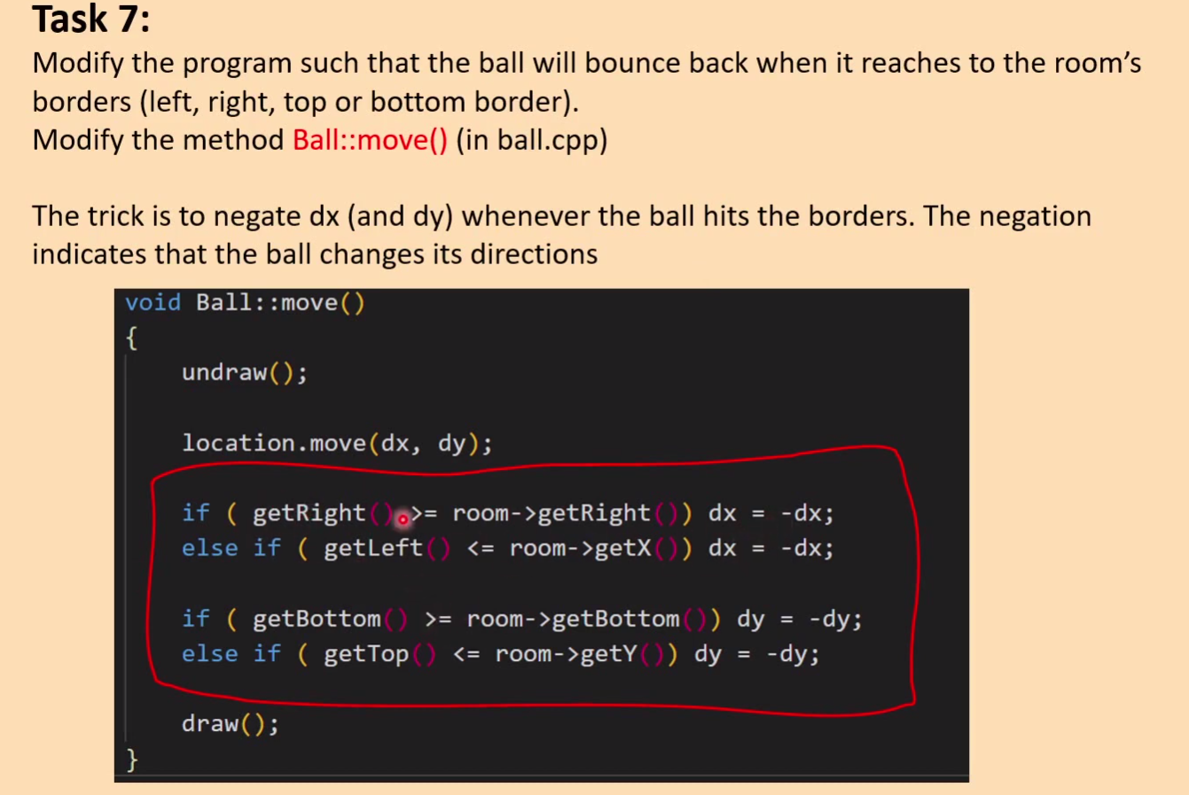 Solved Task 7: Modify the program such that the ball will | Chegg.com