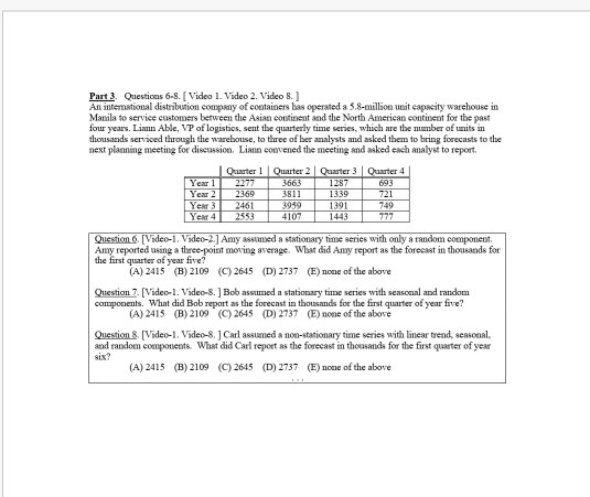 Solved Part 3. Questions 6-8. [Video 1 Video 2. Video 8. ] | Chegg.com