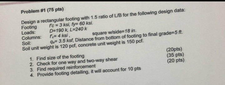 Solved Problem #1 (75 pts) Design a rectangular footing with | Chegg.com