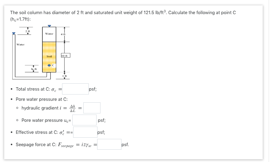 Solved The soil column has diameter of 2ft and saturated | Chegg.com