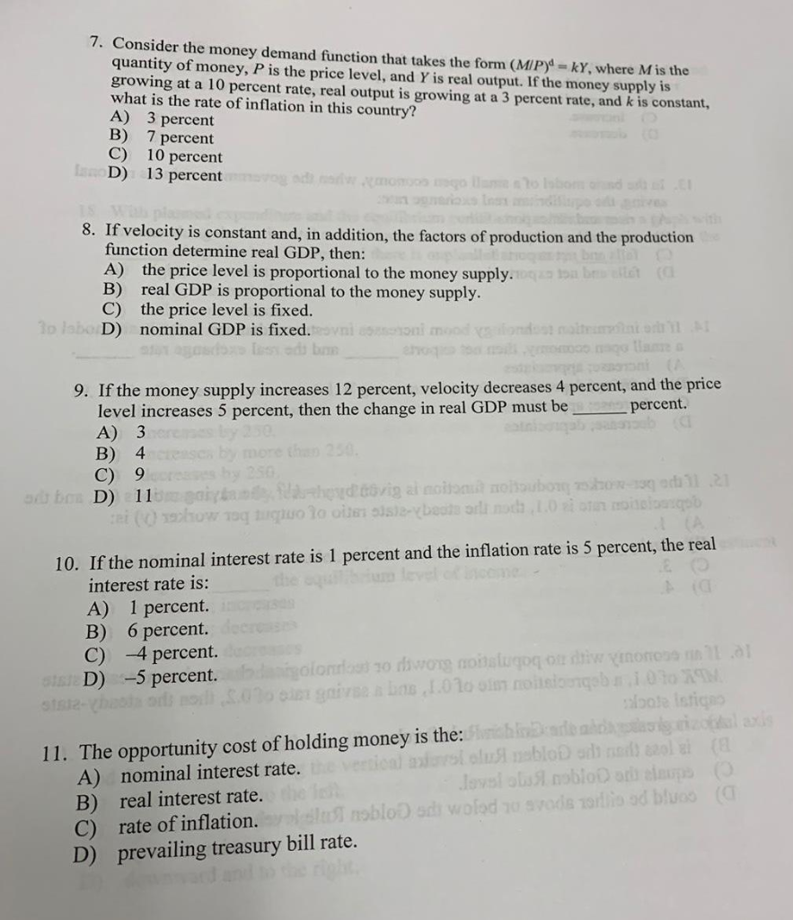 Solved 7. Consider the money demand function that takes the | Chegg.com