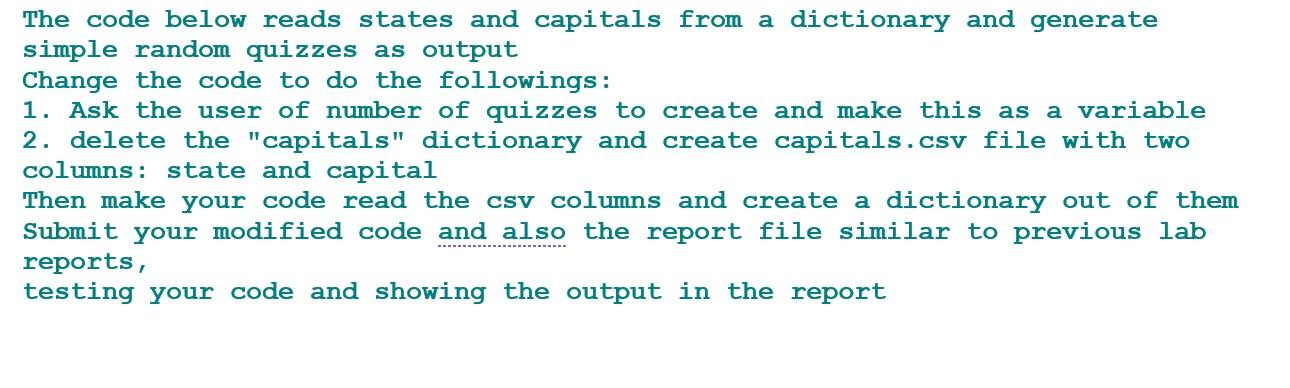 Solved The code below reads states and capitals from a | Chegg.com