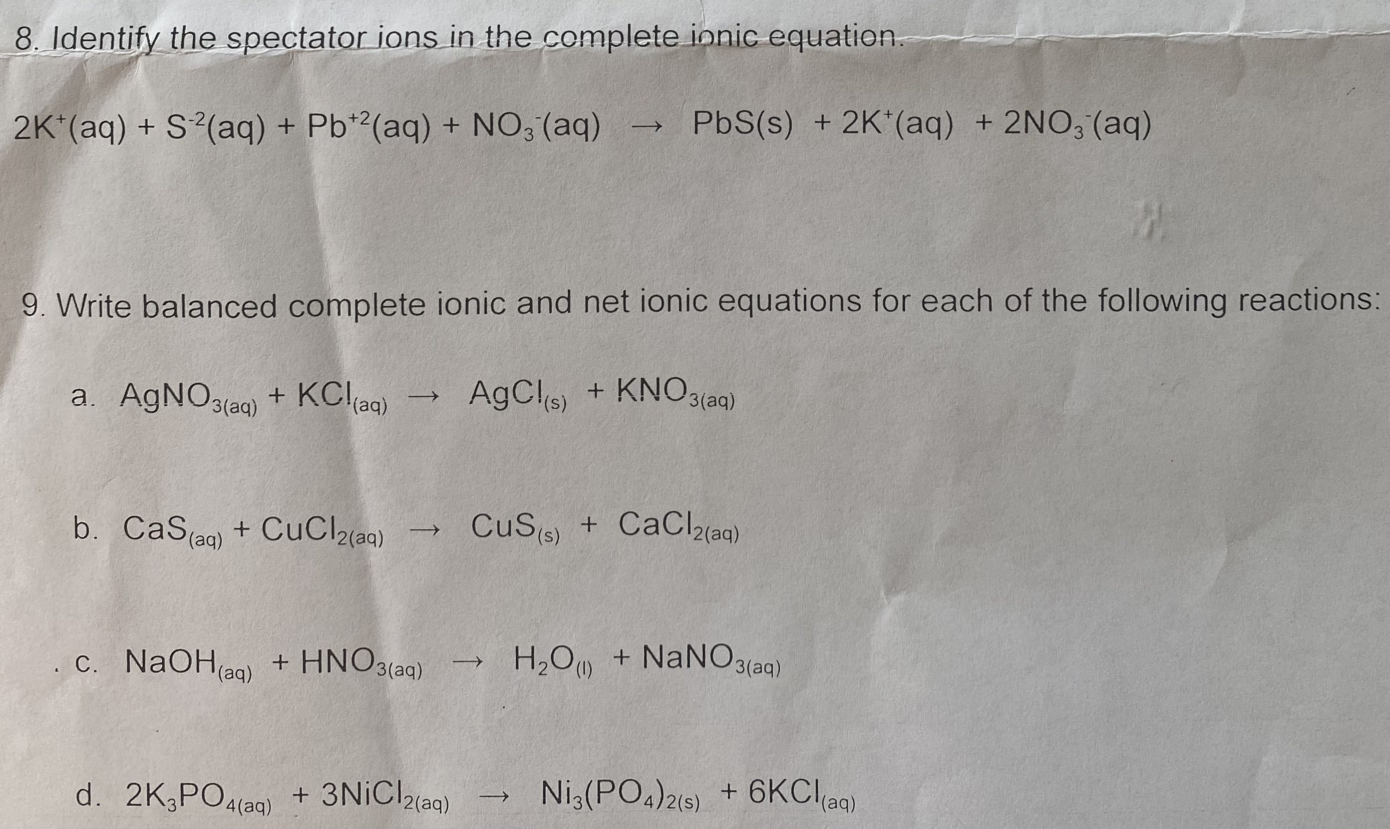 Solved 7. Complete and balance each equation. If no reaction | Chegg.com