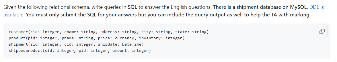 Solved Given the following relational schema, write queries | Chegg.com