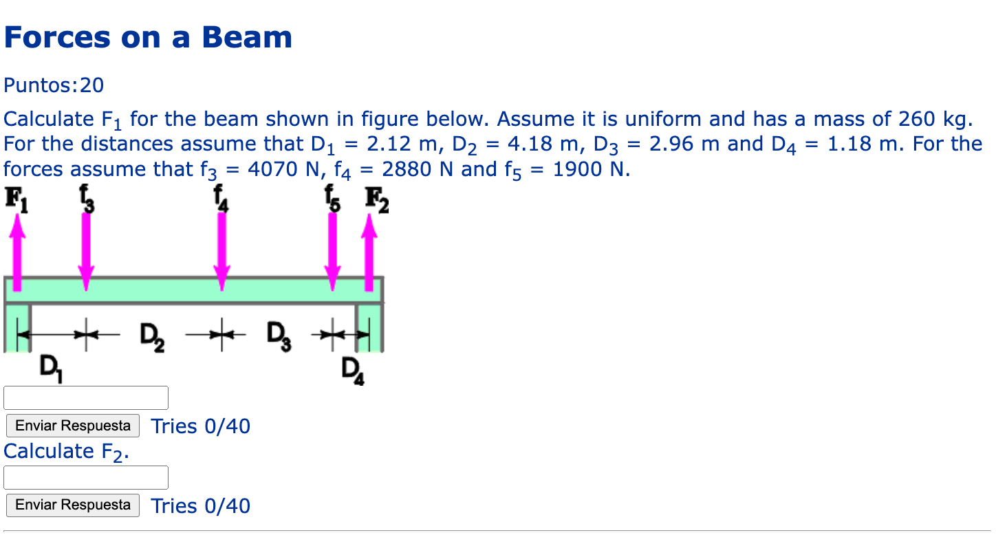 Solved Forces on a Beam Puntos: 20 Calculate F₁ for the beam | Chegg.com