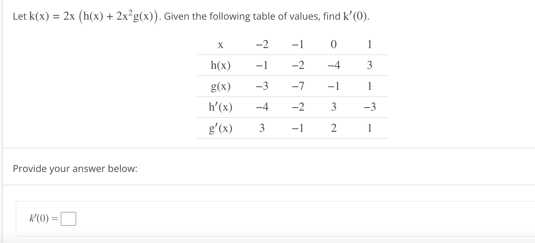 Solved Let k(x)=2x(h(x)+2x2 g(x)) Provide your answer below: | Chegg.com