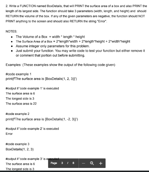 Solved 2. Write a FUNCTION named BoxDetails, that will PRINT | Chegg.com