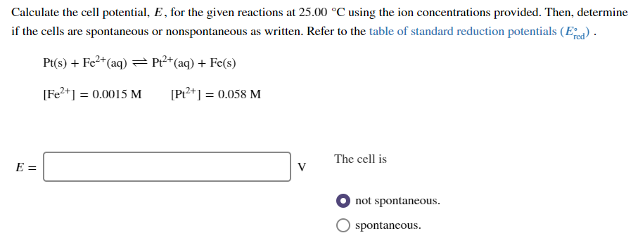 Solved Calculate the cell potential, E, for the given | Chegg.com