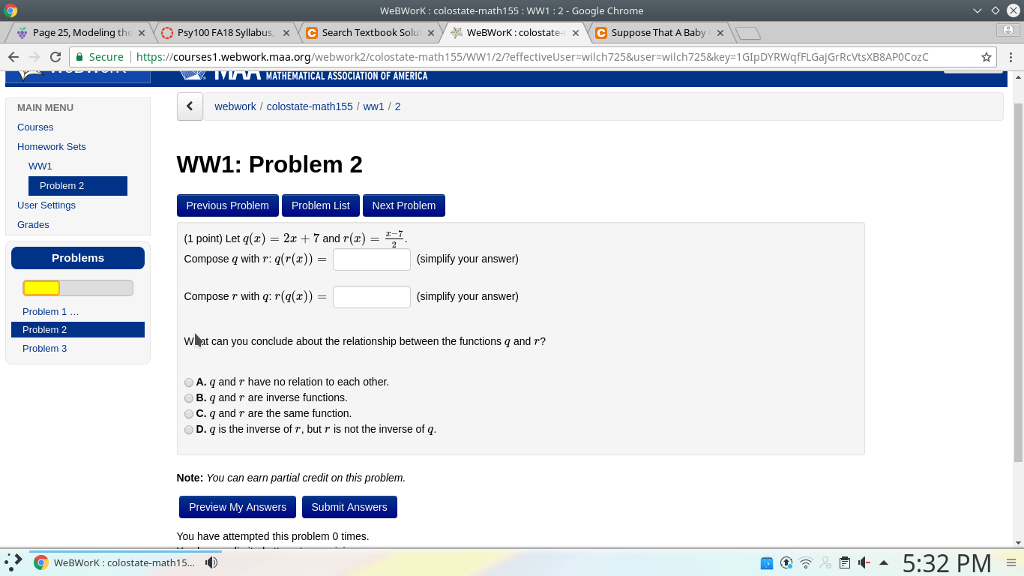 Solved WeBWorK: colostate-math155: WW1:2 -Google Chrome Page | Chegg.com