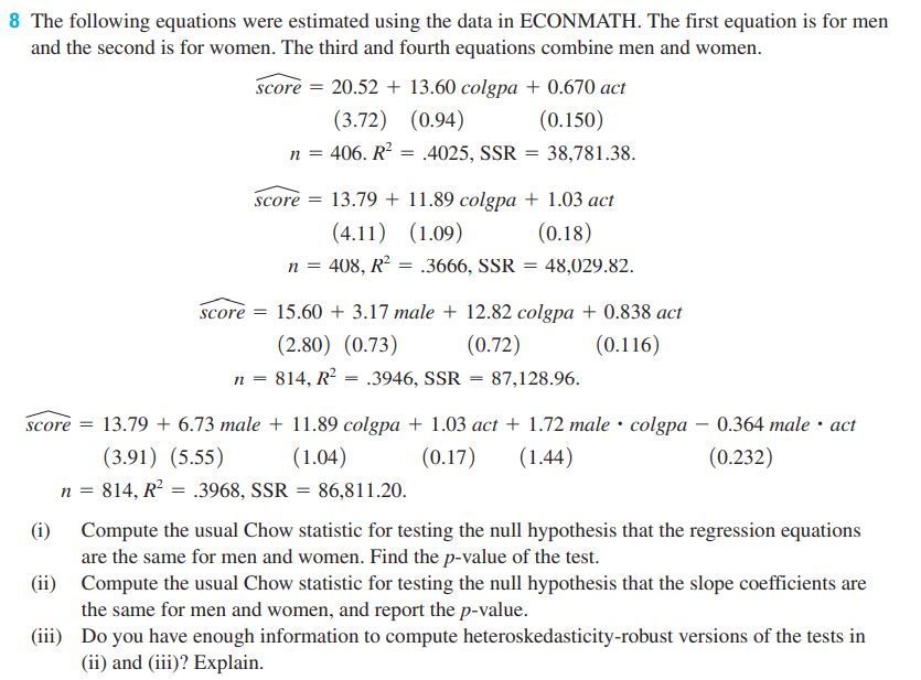 Solved 8 The following equations were estimated using the | Chegg.com
