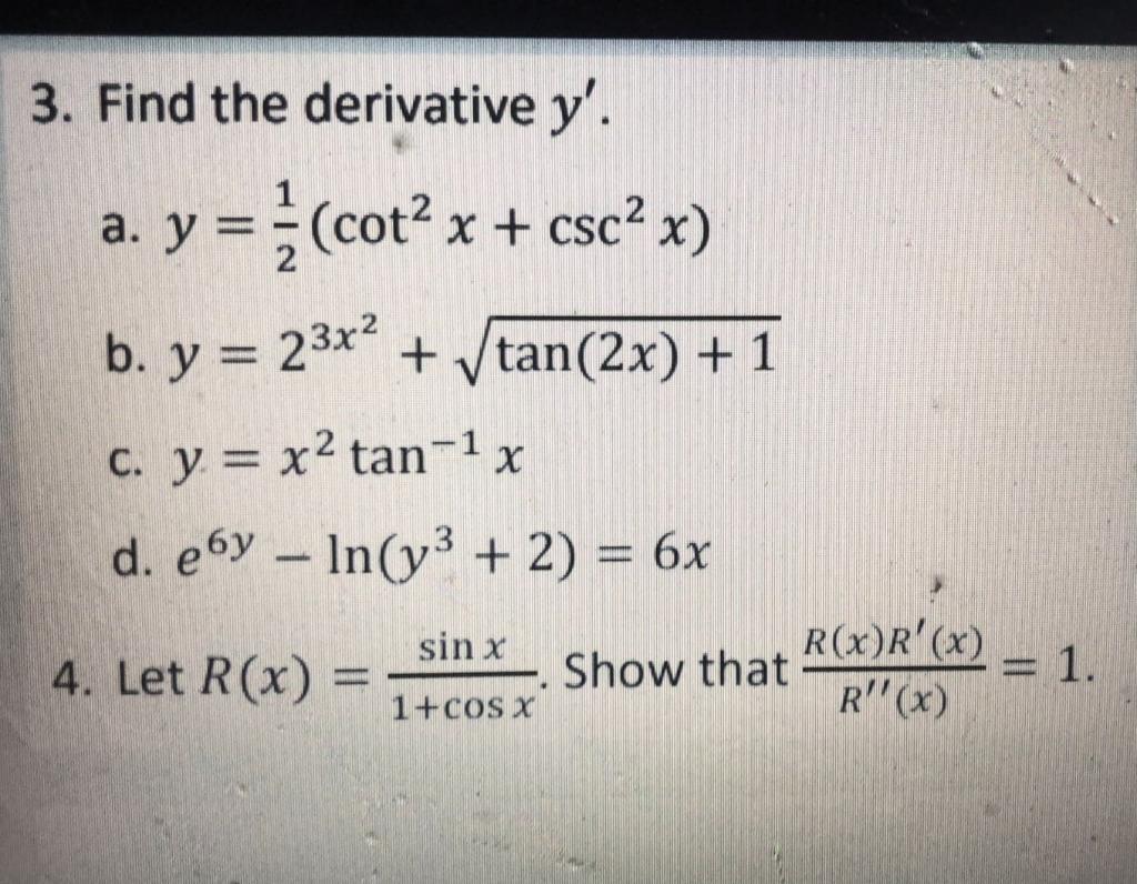 Solved 3. Find the derivative y'. a. y = {(cot? x + csc? x) | Chegg.com