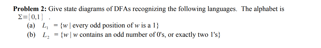 Solved Problem 2: Give state diagrams of DFAs recognizing | Chegg.com