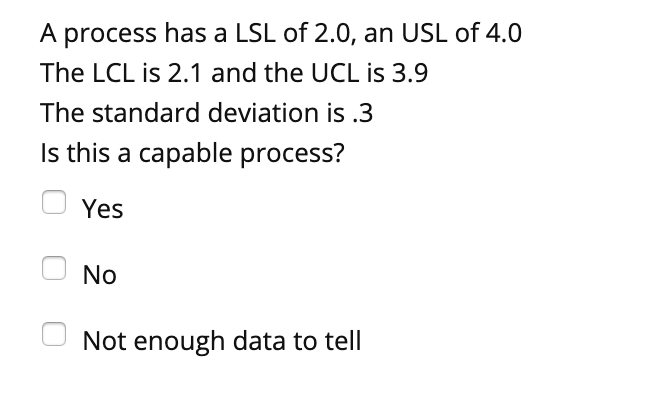 Solved A process has a LSL of 2.0, an USL of 4.0 The LCL is | Chegg.com