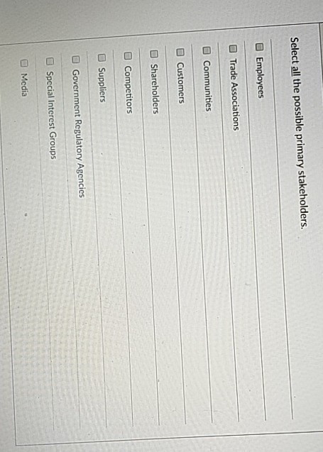 Solved Select all the possible primary stakeholders | Chegg.com