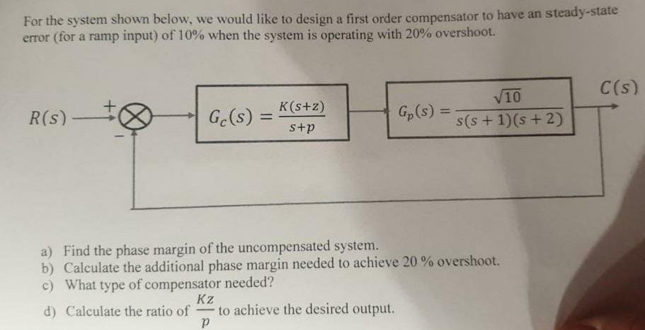 Solved For the system shown below, we would like to design a | Chegg.com