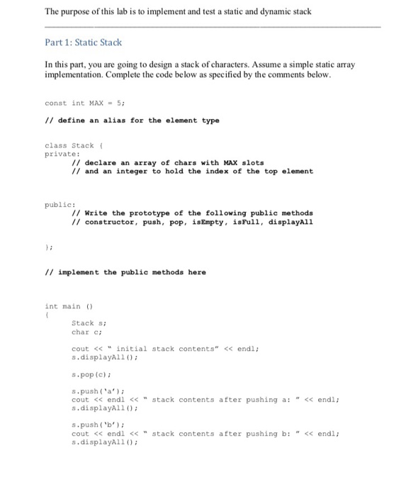 Purpose O F Lab Implement Test Static Dynamic Stack Part 1 Static Stack 0342