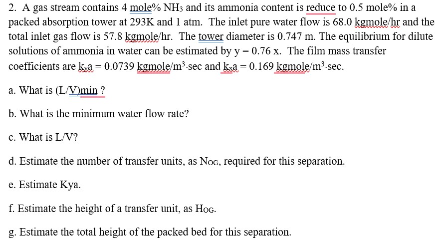 Solved 2. A gas stream contains 4 mole %NH3 and its ammonia | Chegg.com
