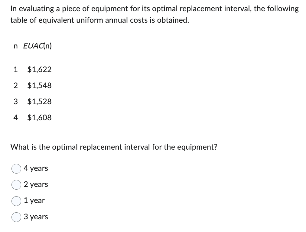 Solved In evaluating a piece of equipment for its optimal | Chegg.com