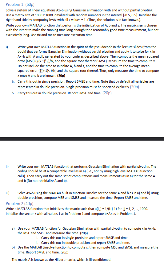 Solved Problem 1: (60p)Solve a system of linear equations | Chegg.com