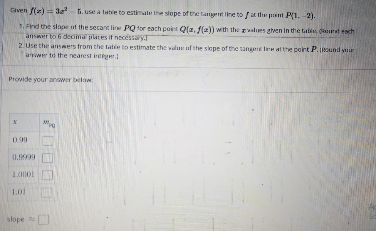 Solved Given f(x)=3x2−5, use a table to estimate the slope | Chegg.com