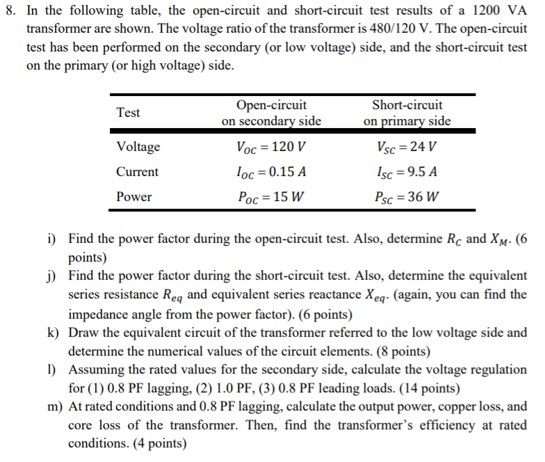 Solved 8. In the following table, the open-circuit and | Chegg.com