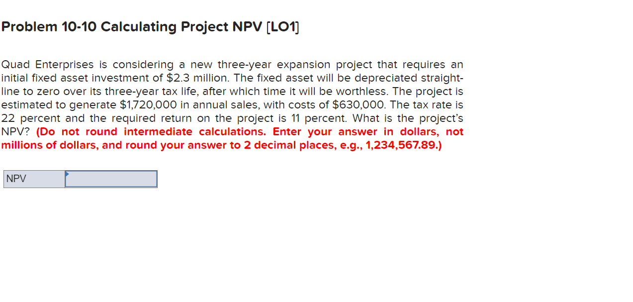 Solved Problem 10-10 Calculating Project NPV (LO1] Quad | Chegg.com