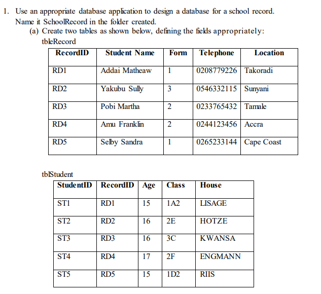Solved 1. Use an appropriate database application to design | Chegg.com