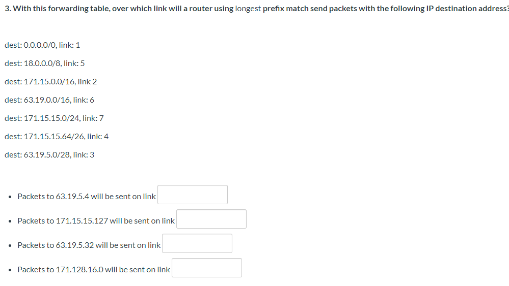 Solved 3. With this forwarding table, over which link will a | Chegg.com