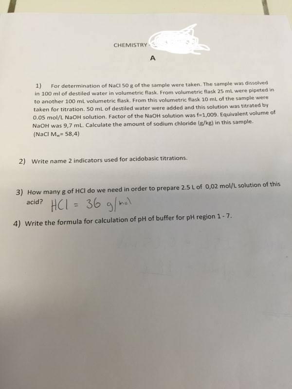 Solved CHEMISTRY A 1) For determination of Naci so g of the | Chegg.com