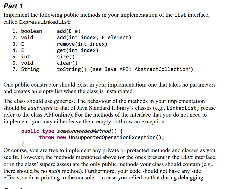 Part 1Implement the following public methods in your | Chegg.com