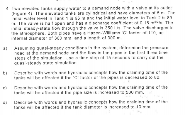 Solved 4. Two elevated tanks supply water to a demand node | Chegg.com