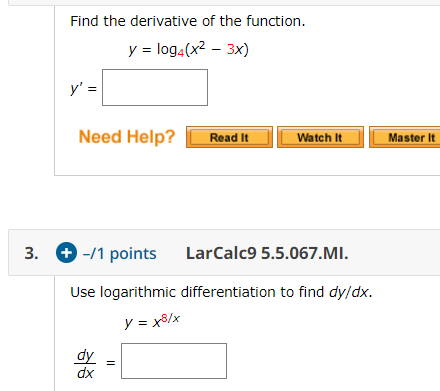 Solved Find the derivative of the function. y log4(x2 - 3x) | Chegg.com