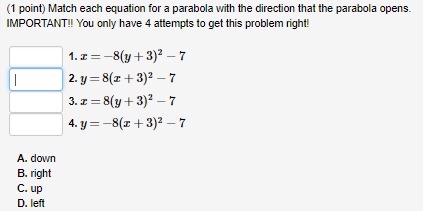 Solved (1 point) Match each equation for a parabola with the | Chegg.com