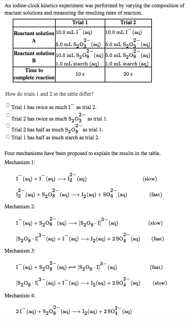 Solved 2- An iodine-clock kinetics experiment was performed | Chegg.com