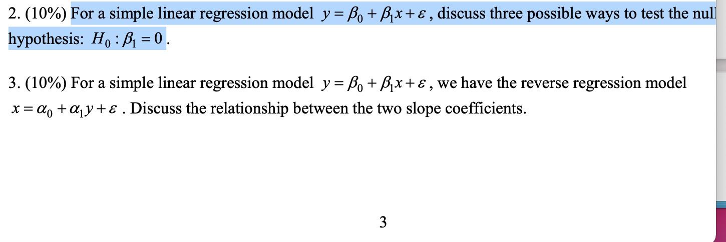 Solved > 2. (10%) For a simple linear regression model y = | Chegg.com