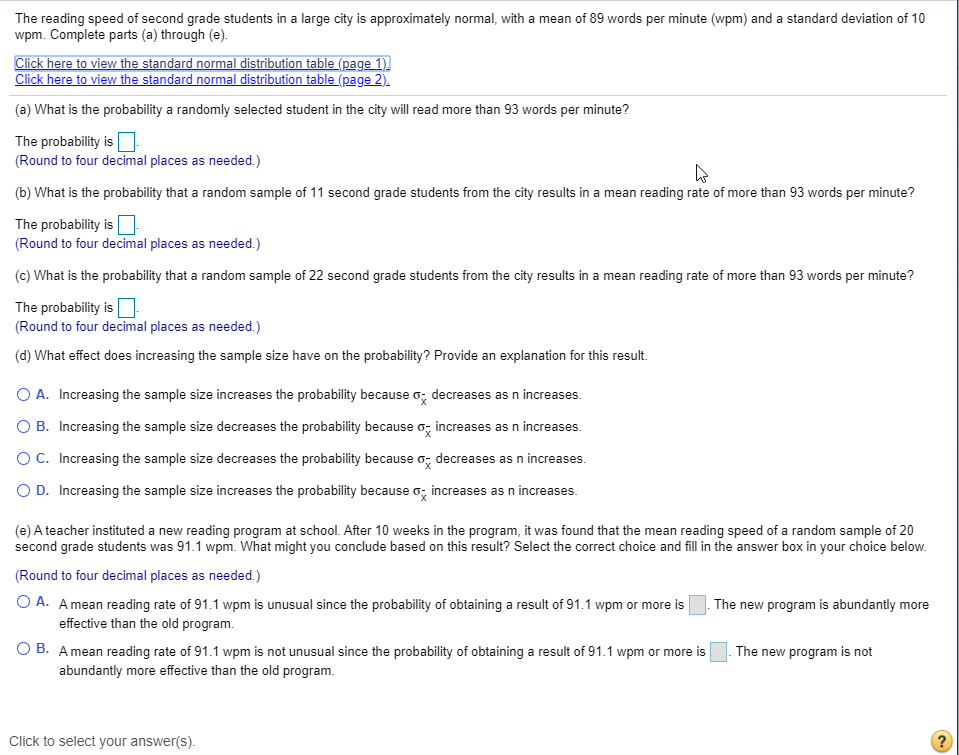 Solved The reading speed of second grade students in a large | Chegg.com