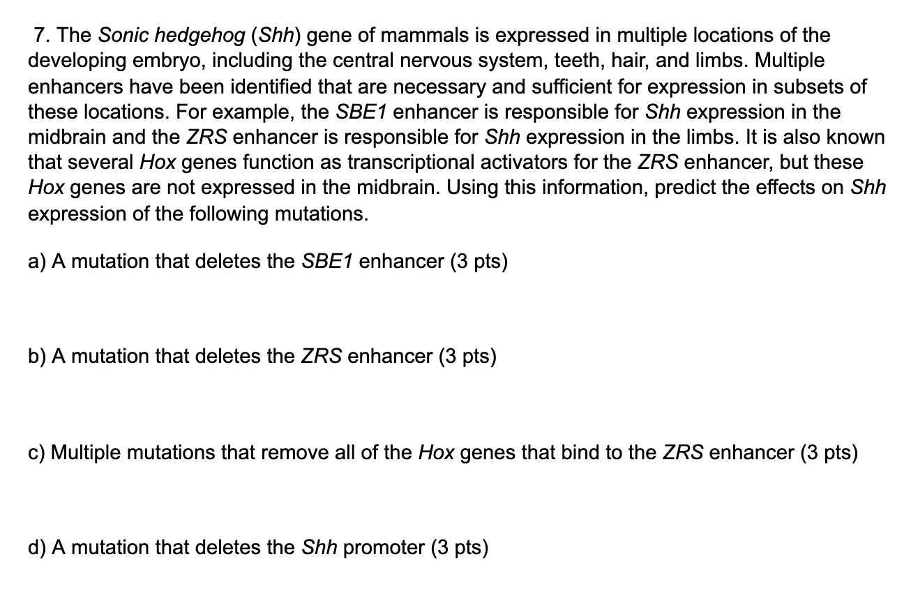 Solved 7. The Sonic hedgehog (Shh) gene of mammals is | Chegg.com