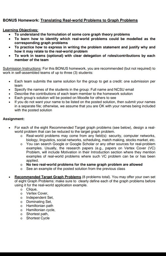 BONUS Homework: Translating Real-world Problems to | Chegg.com