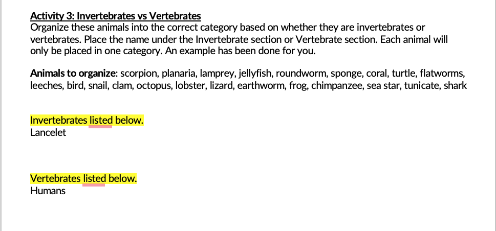 Solved Activity 3: Invertebrates vs Vertebrates Organize | Chegg.com