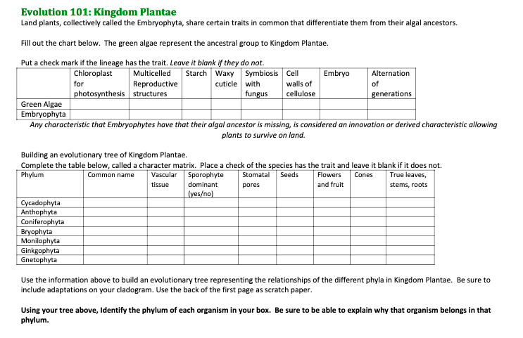 Solved Evolution 101: Kingdom Plantae Land plants, | Chegg.com