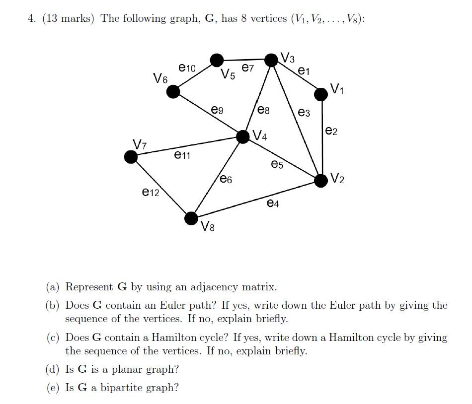 Solved 4. (13 marks) The following graph, G, has 8 vertices | Chegg.com