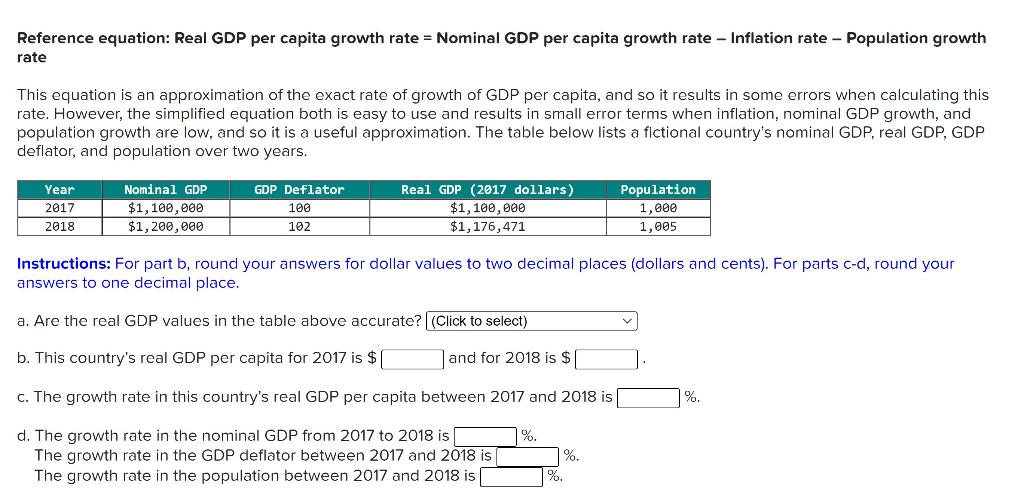 Solved Reference equation: Real GDP per capita growth rate = | Chegg.com