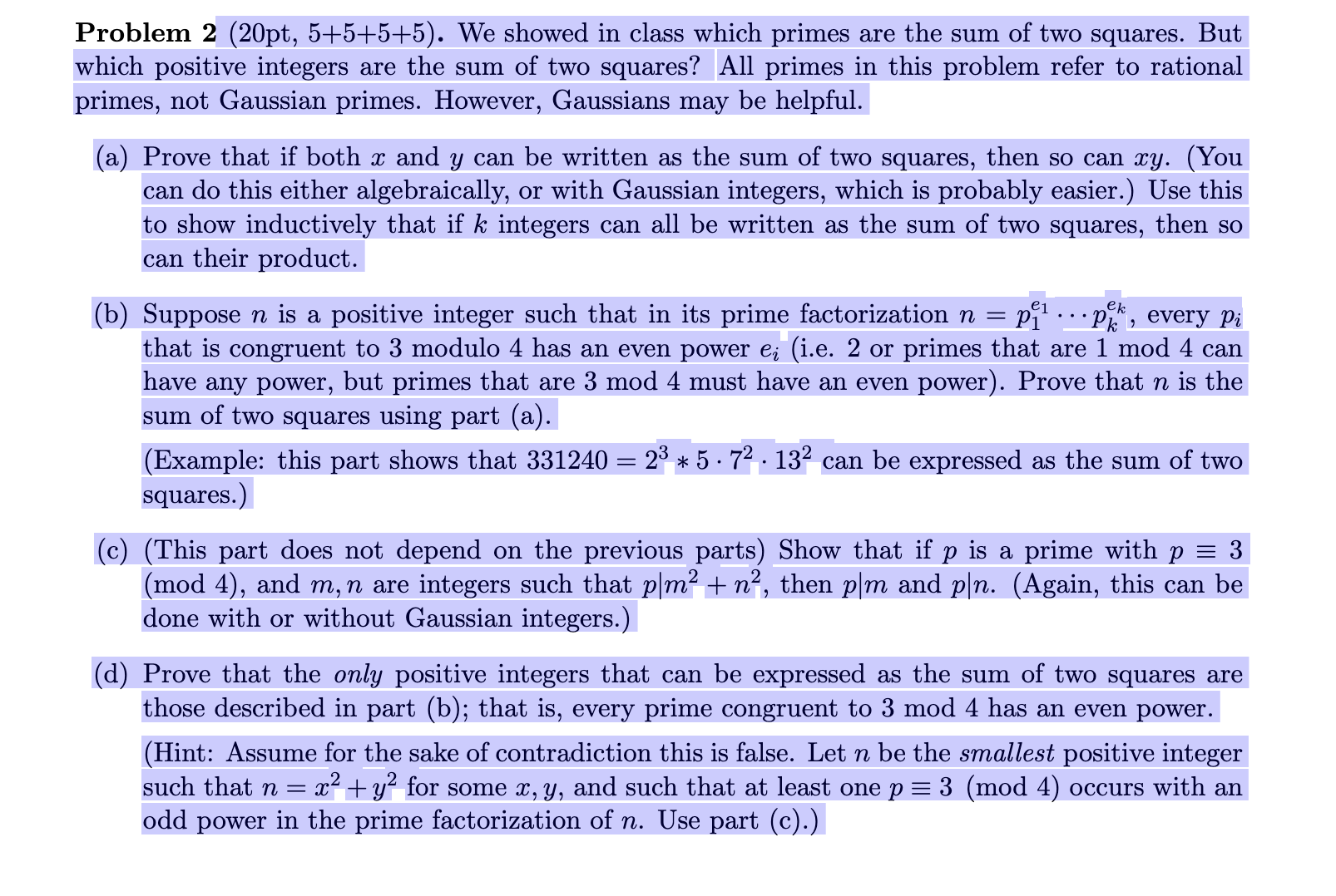 Solved Problem 2 (20pt, 5+5+5+5). We showed in class which | Chegg.com